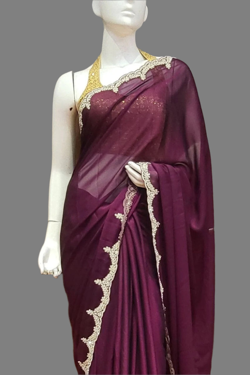 Buy Plain Organza Saree with Embroidered Border-Sundari